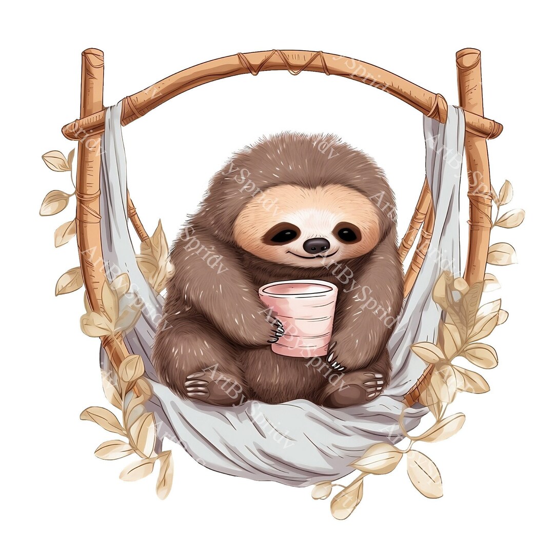 Baby Sloth PNG Clipart in Hammock With Coffee Cup, Cute Animal Digital ...