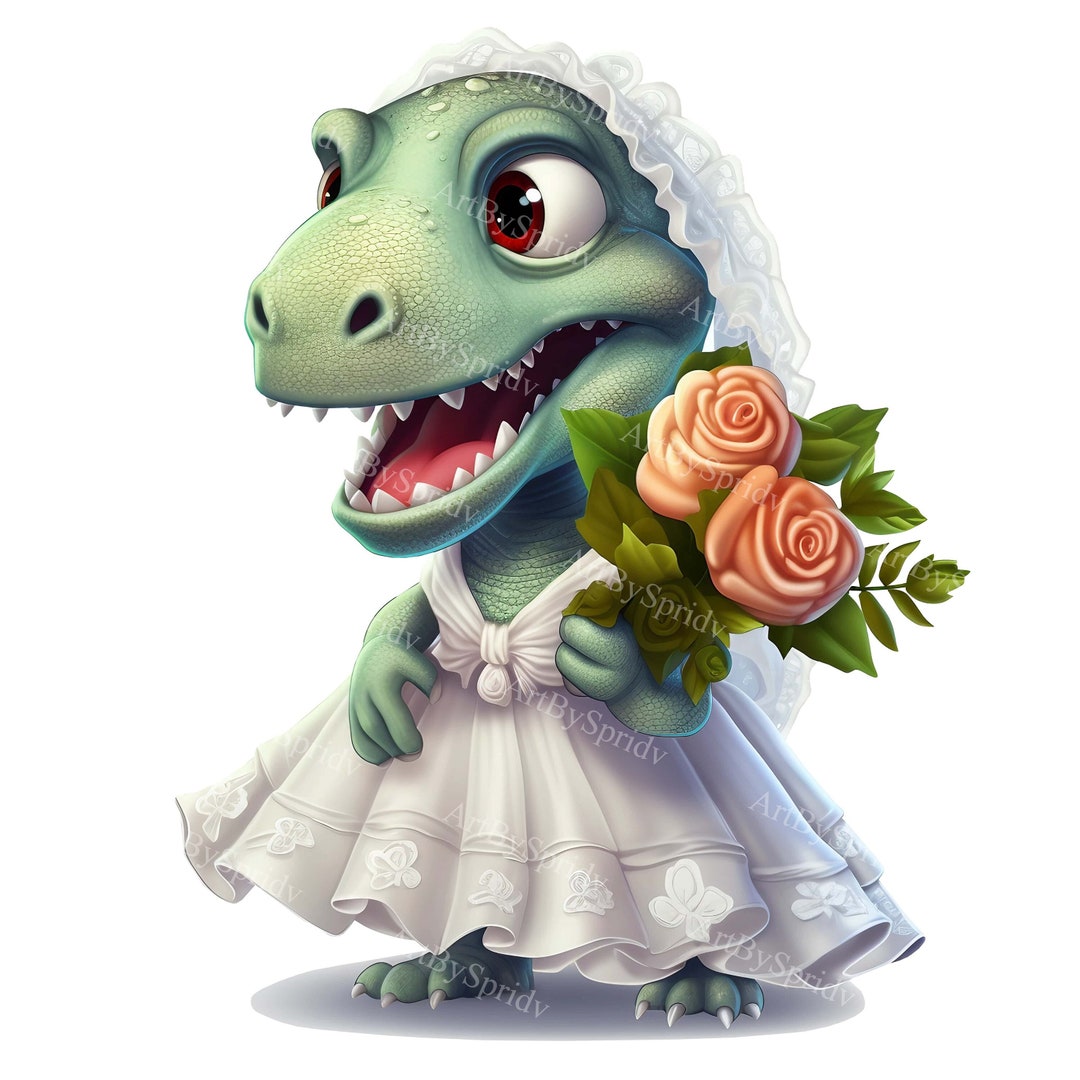 Bridal Dinosaur Clipart - T-rex in Wedding Dress Illustration, Cute Dino Wedding PNG ...
