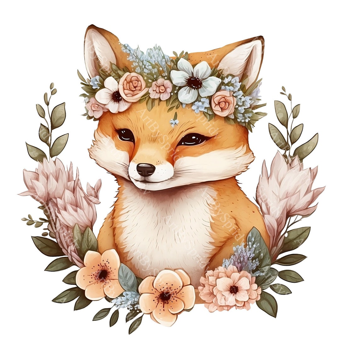 Sweet Baby Fox With Floral Crown Download Transparent PNG Clipart ...
