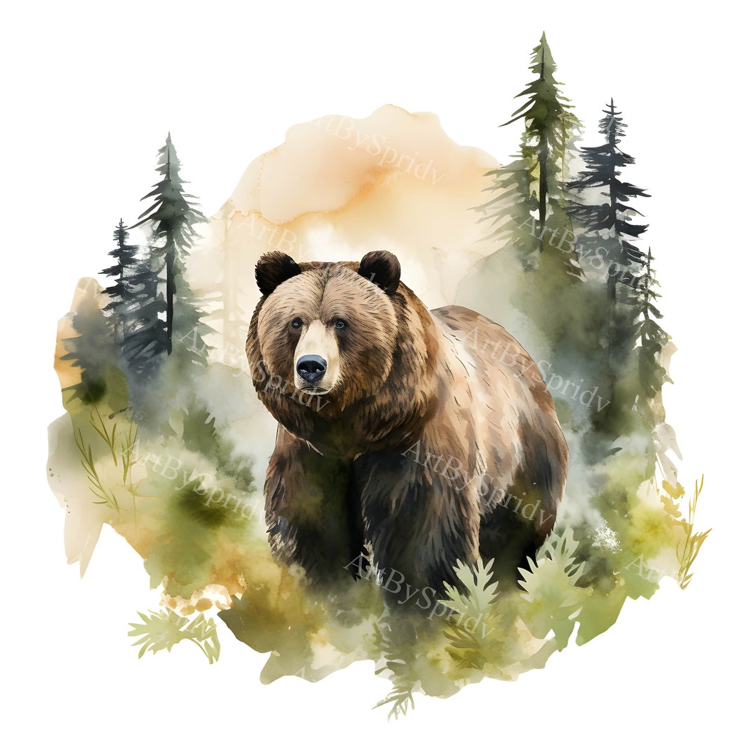 Watercolor Bear Forest Clipart Png-grizzly Bear Art With Pine Trees ...