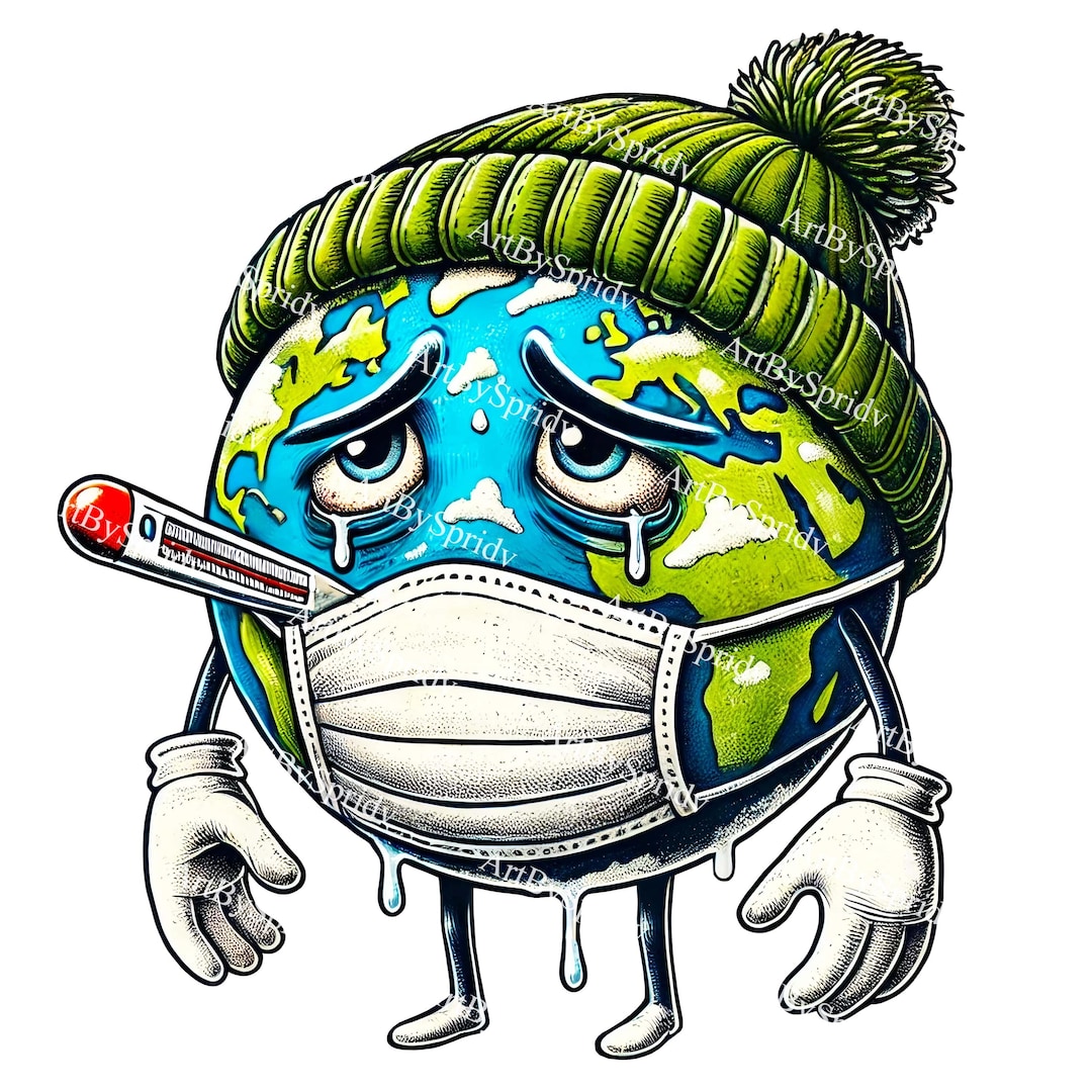 Sick Earth Cartoon PNG With Face Mask & Thermometer, Sad Planet Climate ...