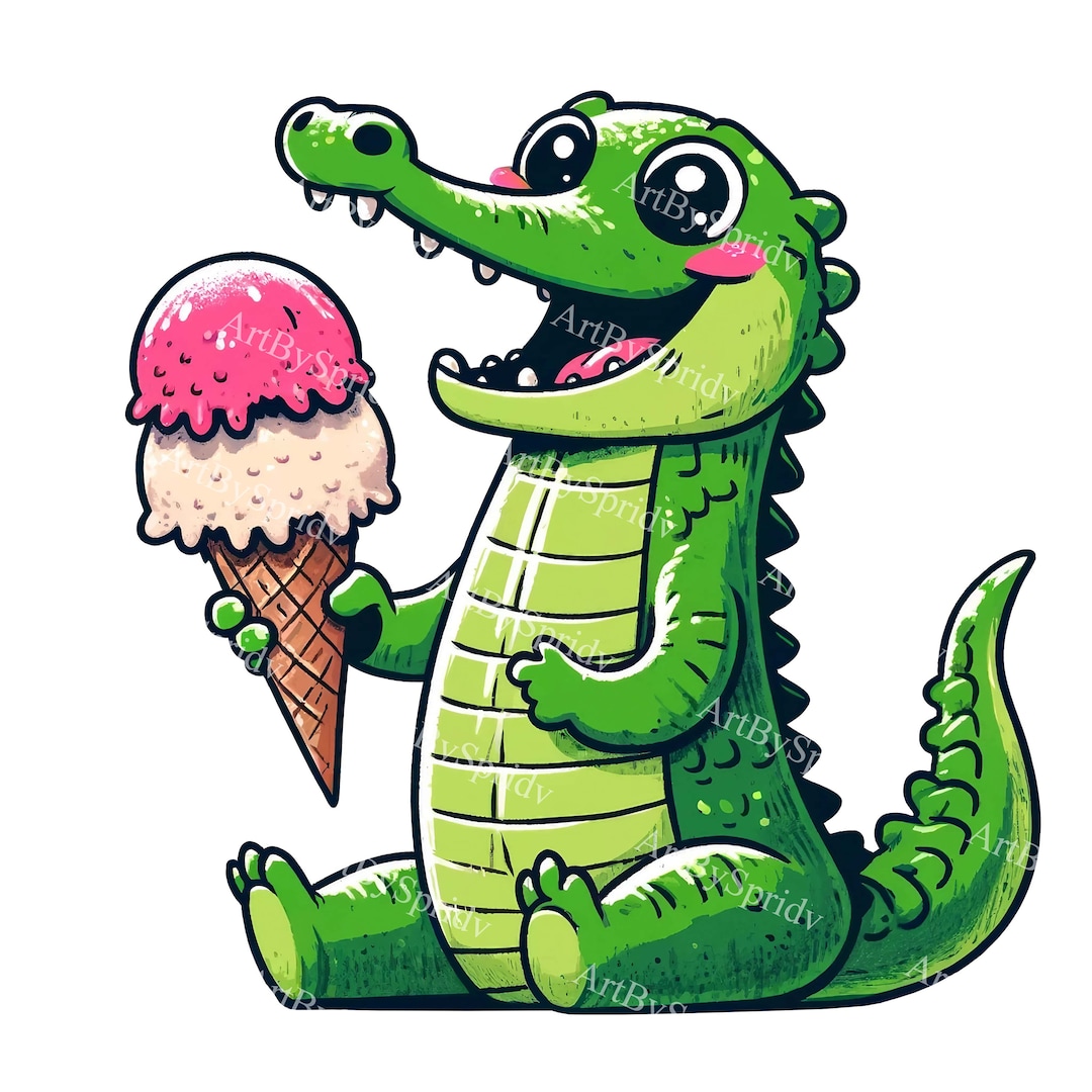 Green Crocodile Cartoon Clipart With Ice Cream - Cute Alligator Digital ...