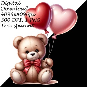 Valentine Teddy Bear With Red Bow Clipart - Heart Balloons PNG, Digital ...