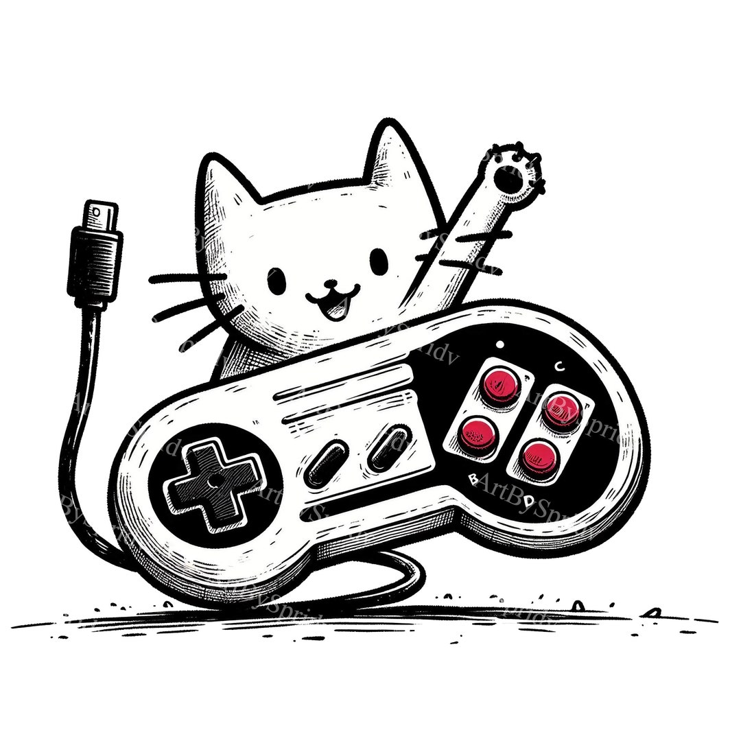 Gamer Kitty Digital Clipart | Retro Gaming Controller Cat PNG ...