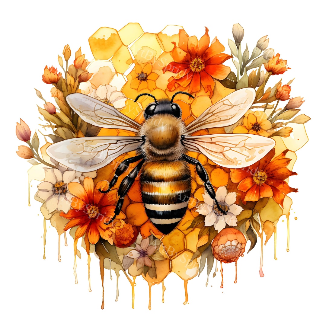 Honey Bee Floral Clipart: Watercolor Bee & Blossoms Transparent PNG for ...