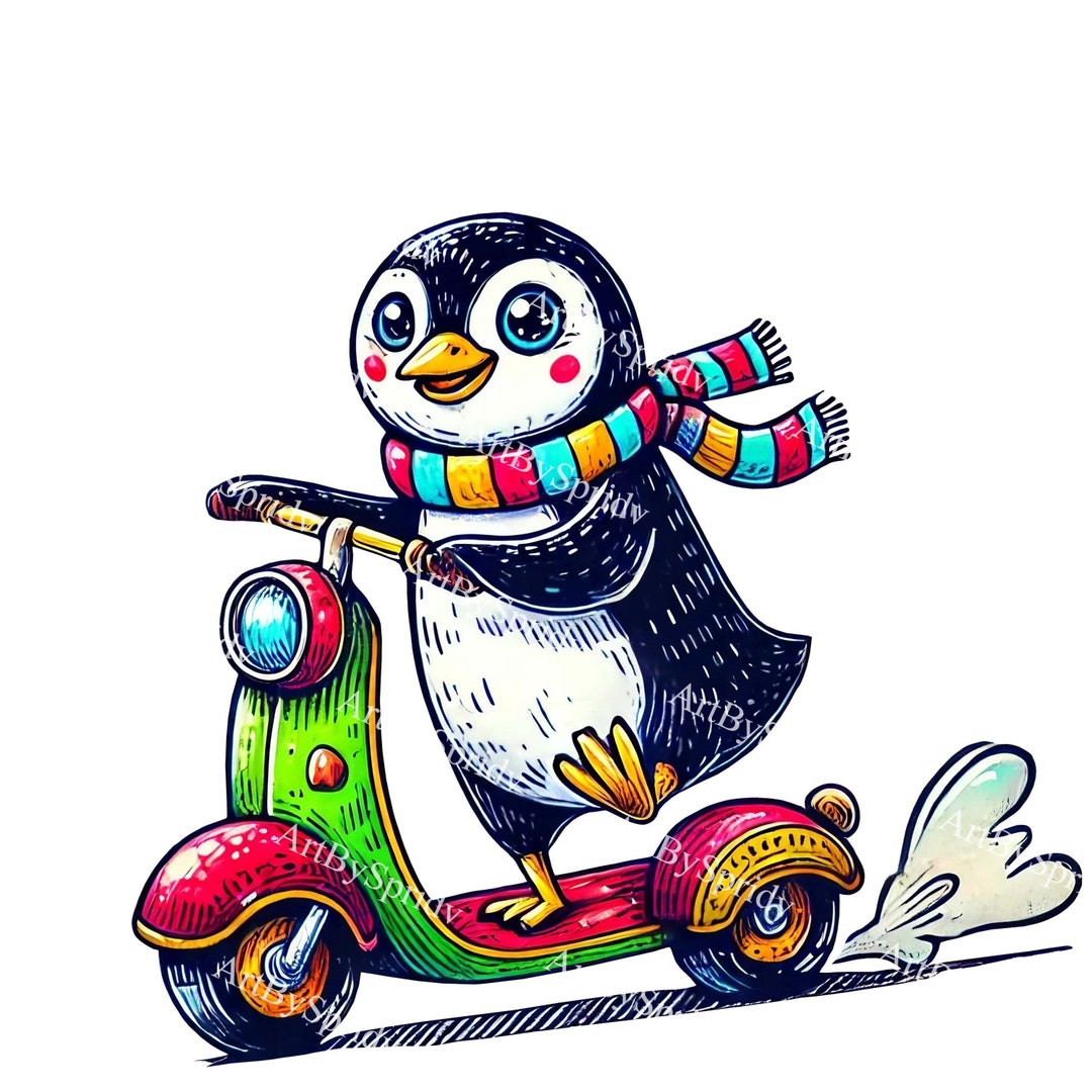 Penguin Riding a Colorful Scooter PNG Clipart, Cute Winter Animal Clip ...