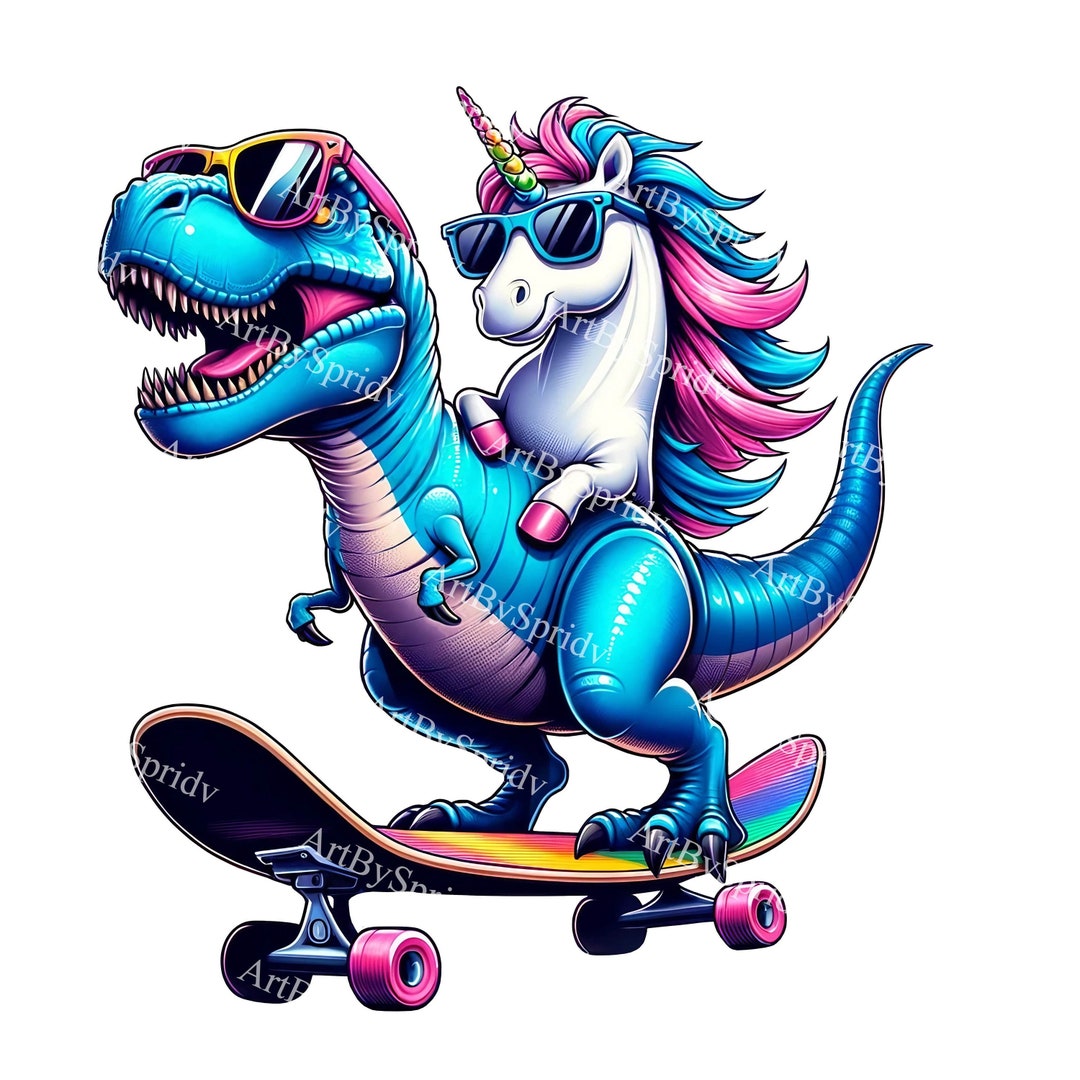 Unique T-rex and Unicorn Riding Skateboard Transparent PNG Clipart ...