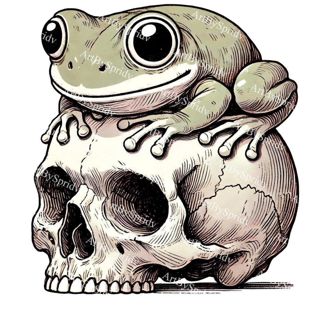 Unique Wide-eyed Frog Sitting on Human Skull PNG Clipart, Spooky Gothic Amphibian Clip Art ...