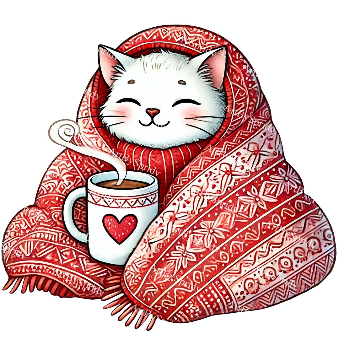 Cozy Cat Wrapped in Blanket With Hot Cocoa Clipart PNG | Warm Winter ...