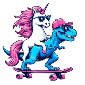 Whimsical Unicorn Riding T-rex on Skateboard PNG Clipart-fun Digital ...