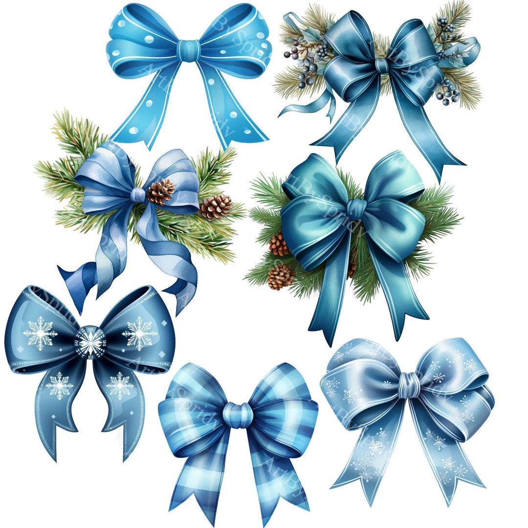 Christmas Blue Ribbon Clipart Set-winter Holiday Bow PNG With Pine ...