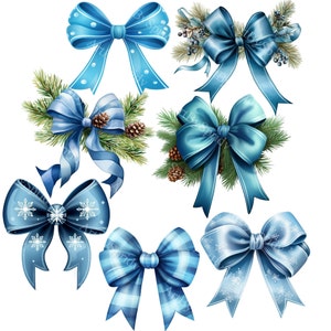 Christmas Blue Ribbon Clipart Set-winter Holiday Bow PNG With Pine ...