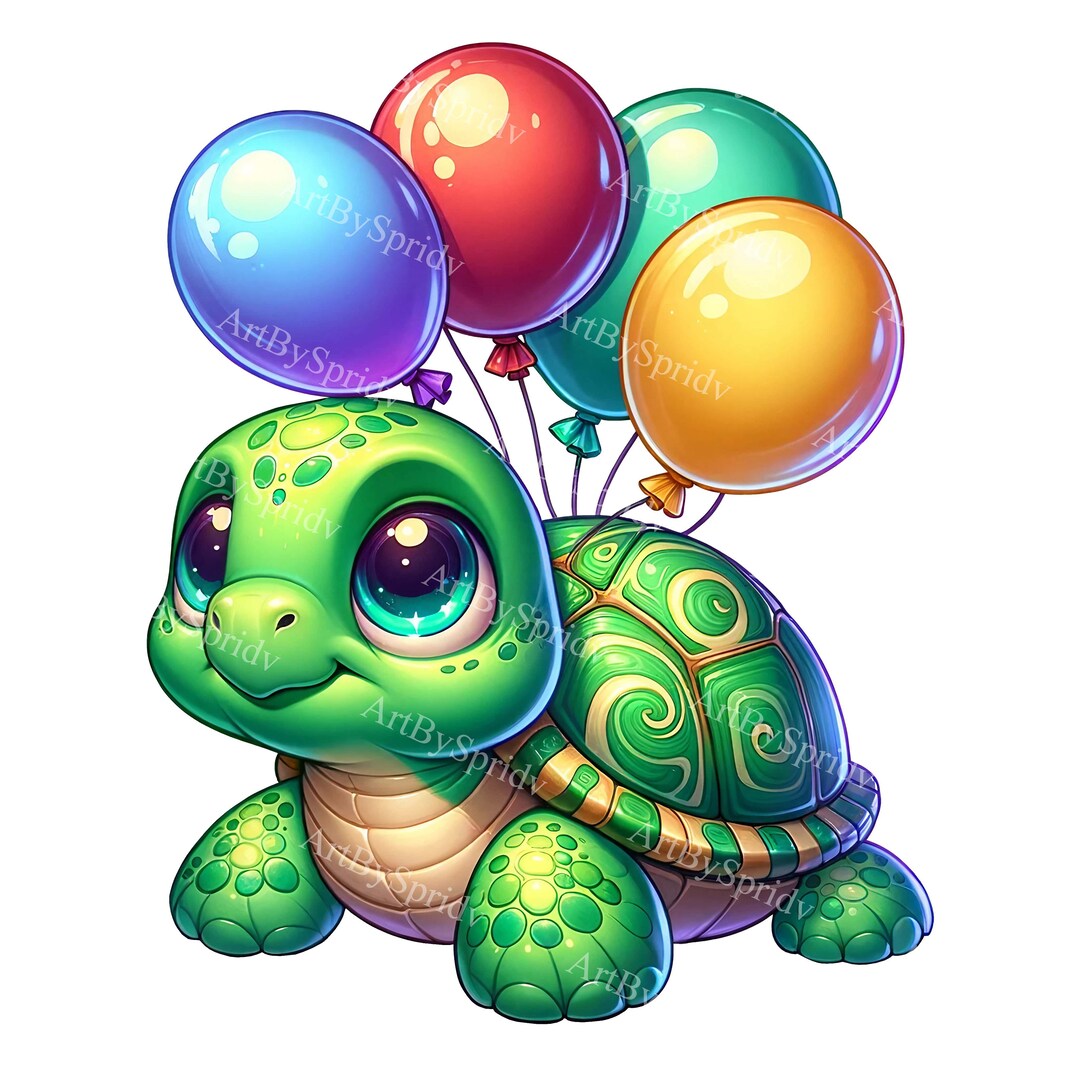 Adorable Green Turtle Digital Clipart With Colorful Balloons PNG ...