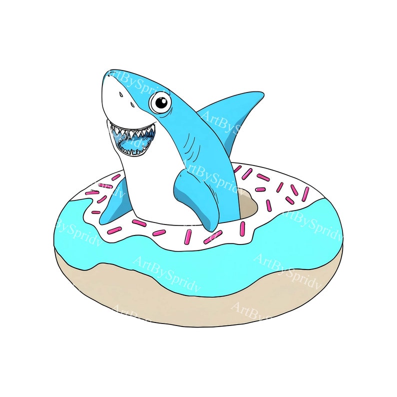 Funny Shark Doughnut Float Clipart - Blue Shark Cartoon PNG, Digital ...