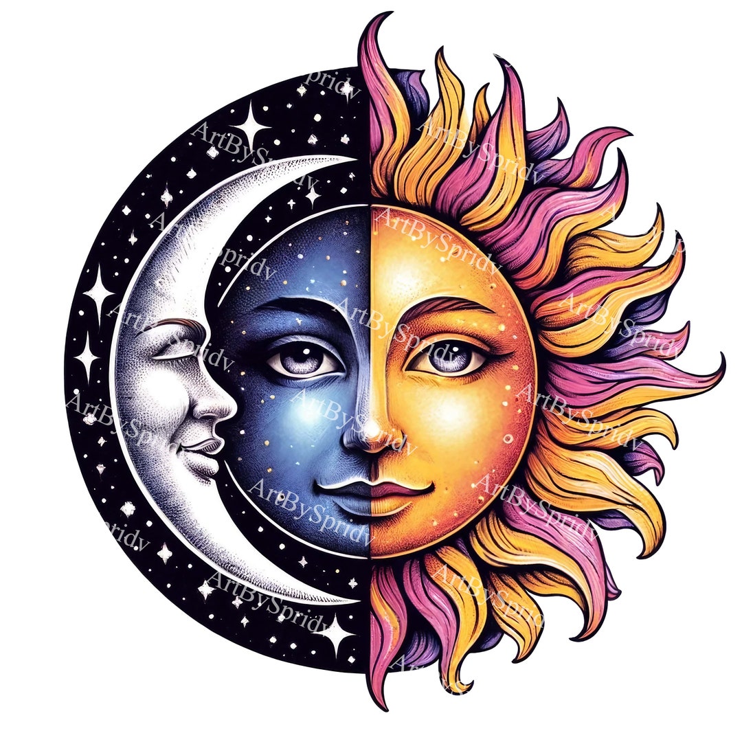 Celestial Sun & Moon Face PNG Clipart, Mystical Cosmic Day and Night ...