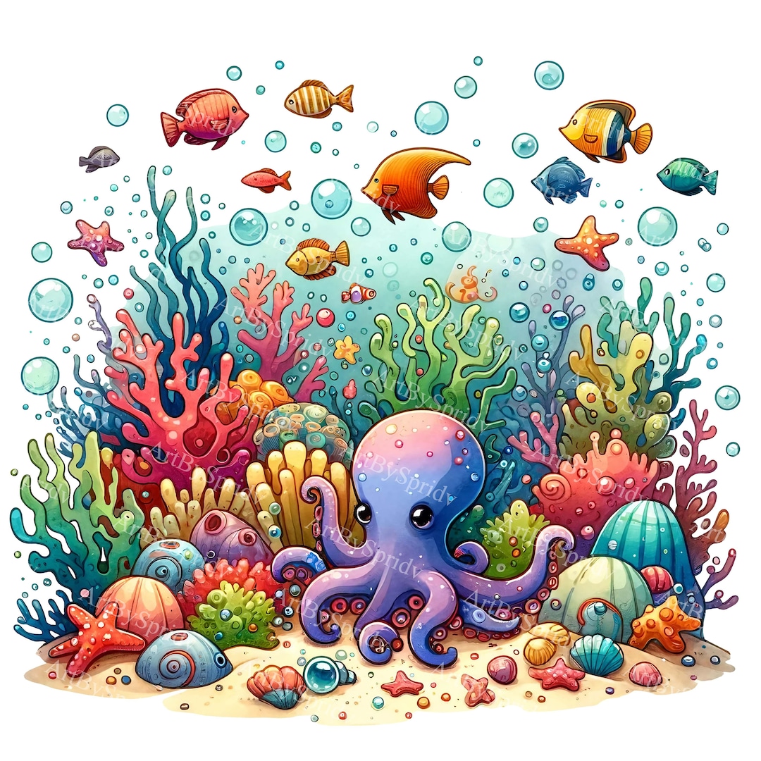 Watercolor Underwater Life Clipart - Whimsical Coral & Fish PNG ...