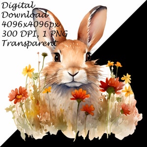 Rabbit Surrounded by Wildflowers Watercolor PNG Clipart, Cute Easter ...
