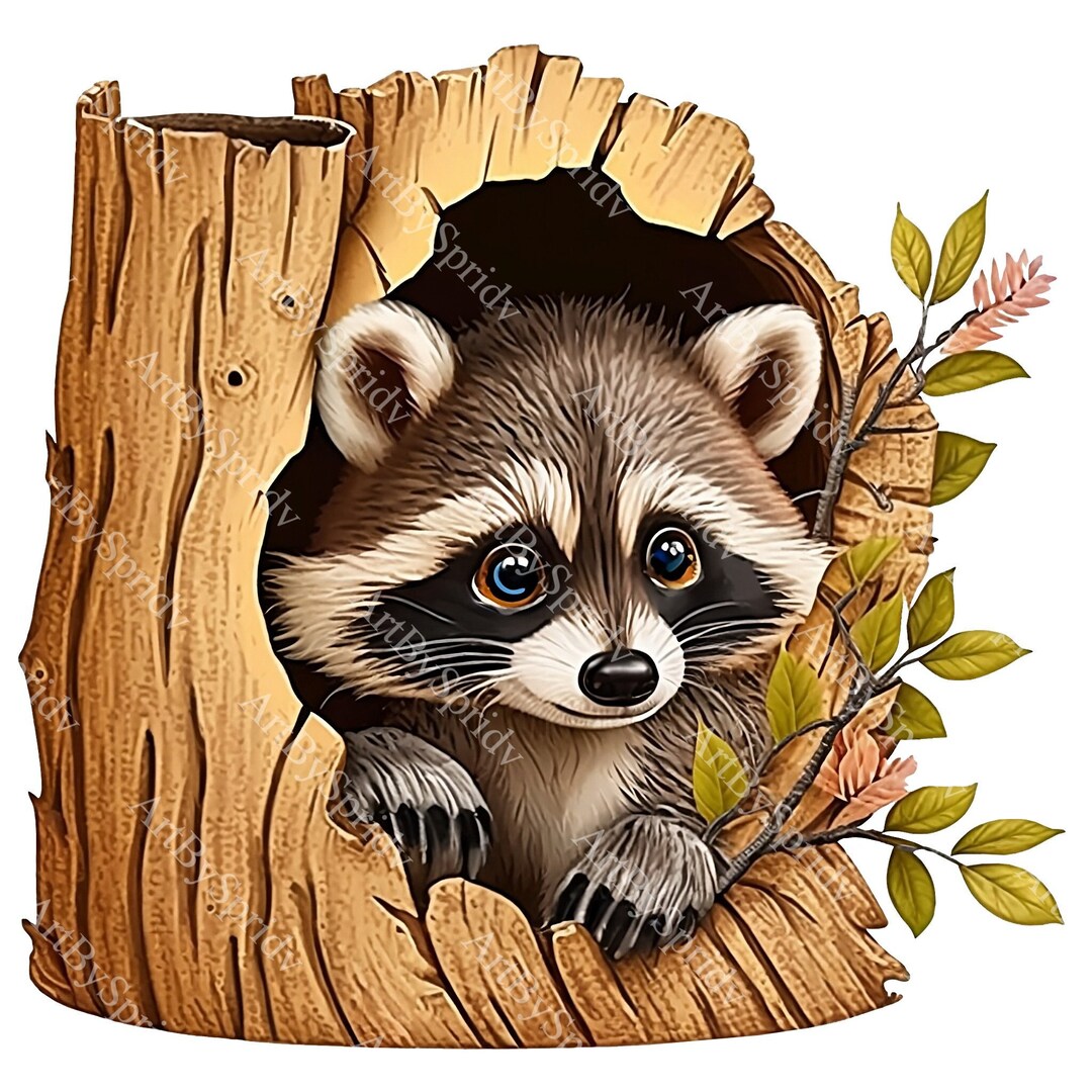 Raccoon Peeking Out Tree Hollow Clipart - Transparent PNG for DTG Print ...
