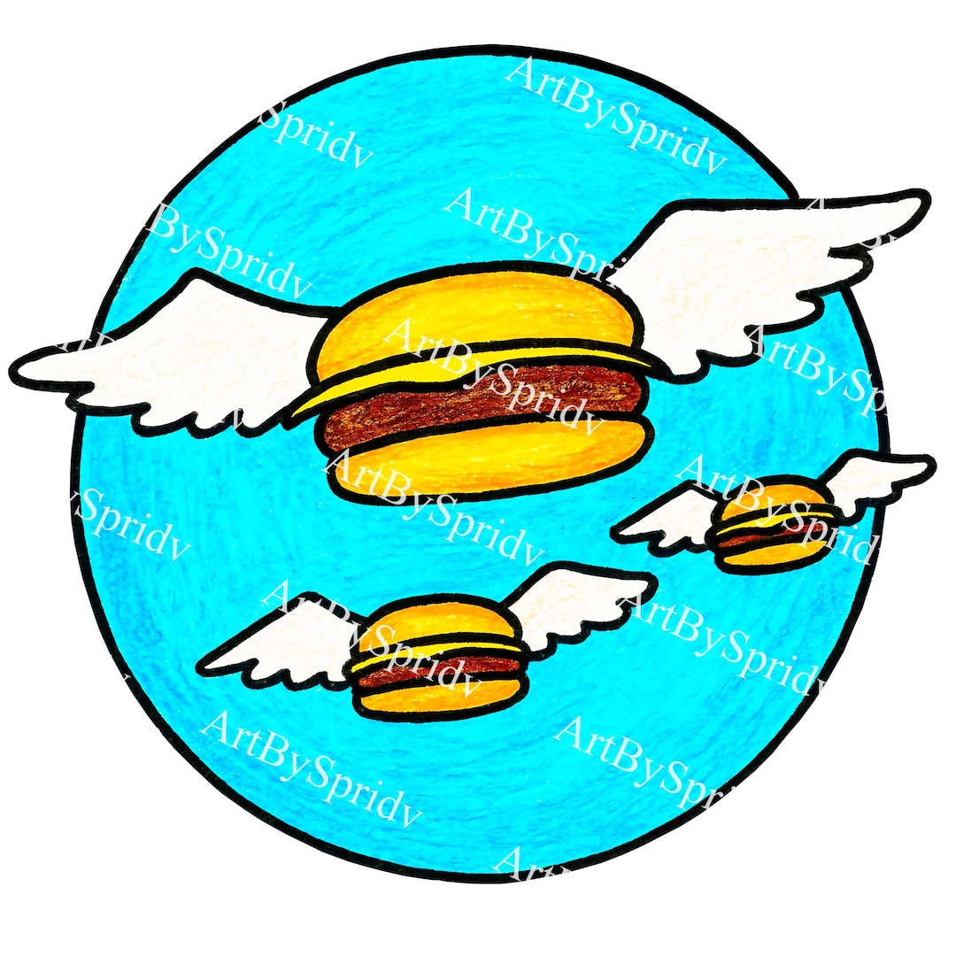 Flying Burger Clipart PNG, Funny Hand Drawn Cheeseburger With Wings ...