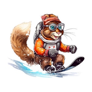 Skiing Squirrel Clipart, Winter Sports Animal Illustration, Cute Snowboarding Squirrel PNG, Fun ...