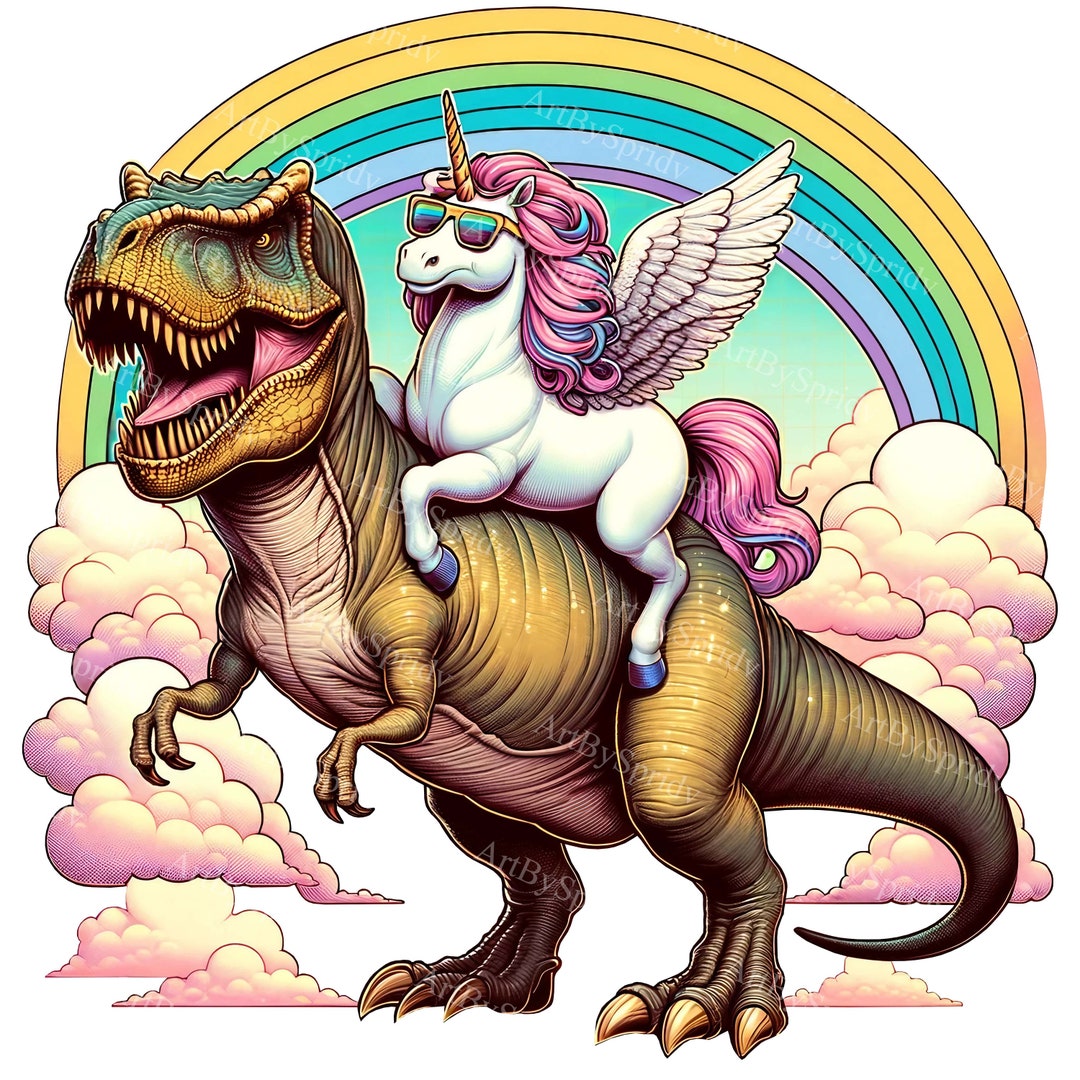 Unicorn Riding on T-rex Clipart - Digital PNG for T-shirt, Mug, Tumbler ...