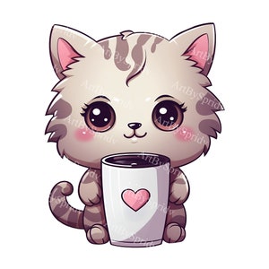 Kawaii Cat Holding Coffee Cup PNG Clipart, Chibi Kitten With Heart Mug ...