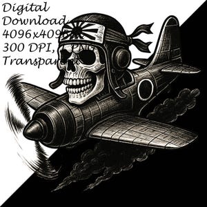 Vintage Skull Pilot in Warplane PNG | Kamikaze Skeleton Aviator Clipart ...