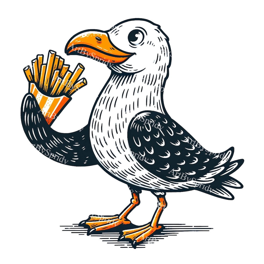 Quirky Seagull Holding Fries PNG Clipart - Fun Beach Bird Illustration ...