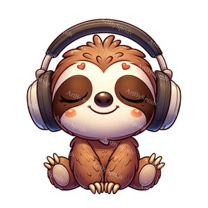 Adorable Sloth With Headphones Digital Clipart | Music Lover Cute Sloth ...