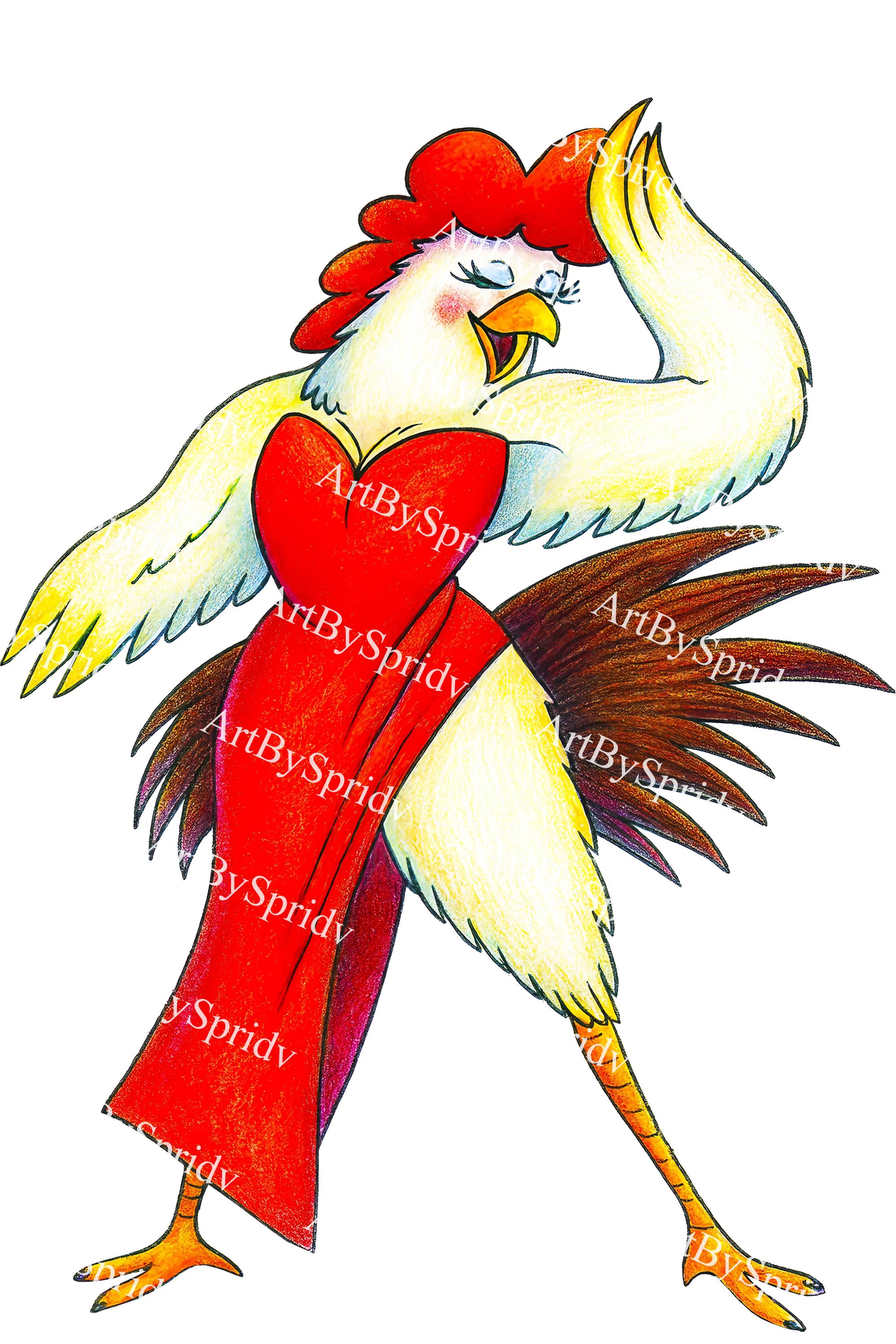 Sassy Chicken in Red Dress PNG Clipart, Glam Hen Diva Illustration ...
