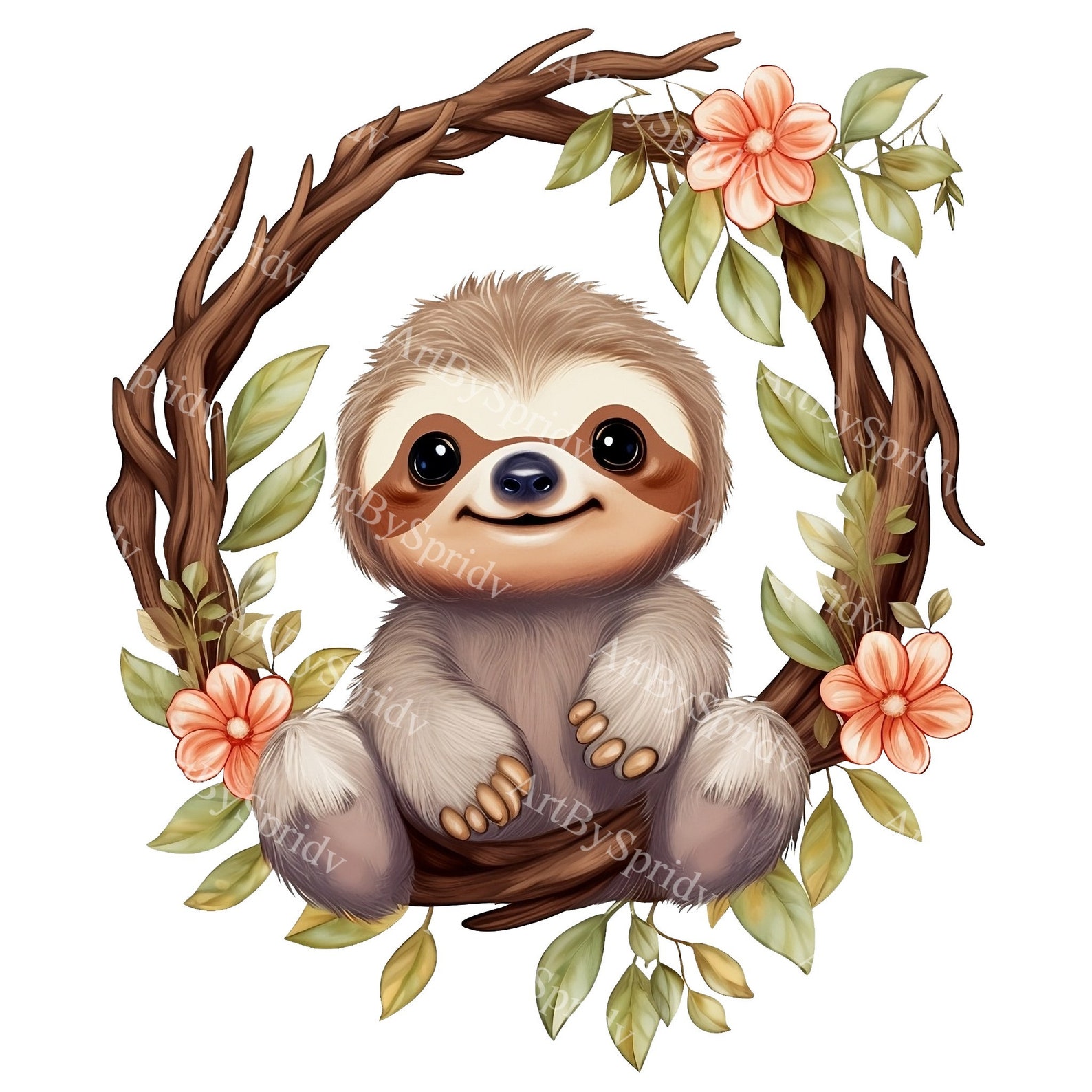 Watercolor Floral Sloth PNG, Cute Cartoon Transparent Clipart Kids ...