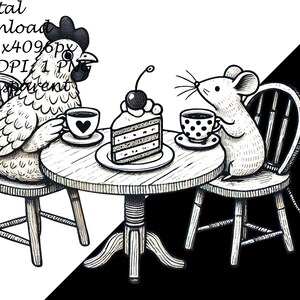 Tea Party Clipart With Chicken & Mouse, Vintage Black and White ...