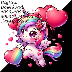 Valentine's Day Unicorn Clipart - Heart Balloons Cartoon PNG, Digital ...