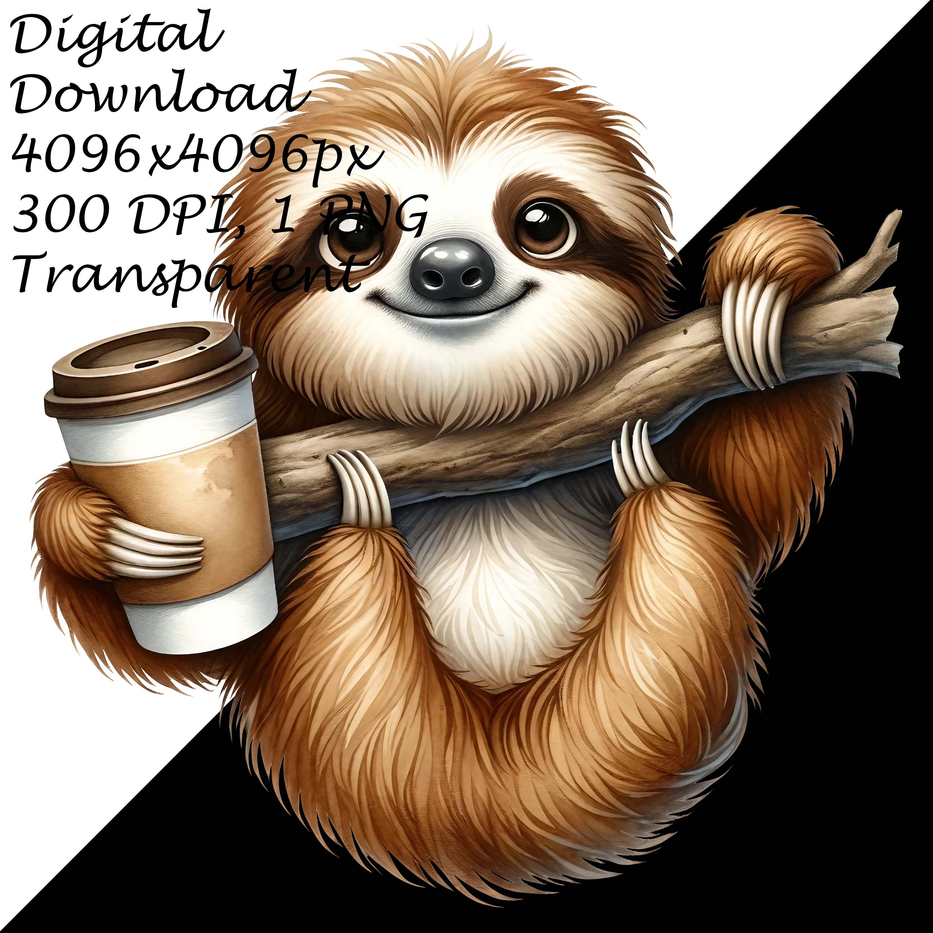 Sloth Clipart With Coffee Tumbler PNG, Cute Tree-hanging Sloth Digital ...