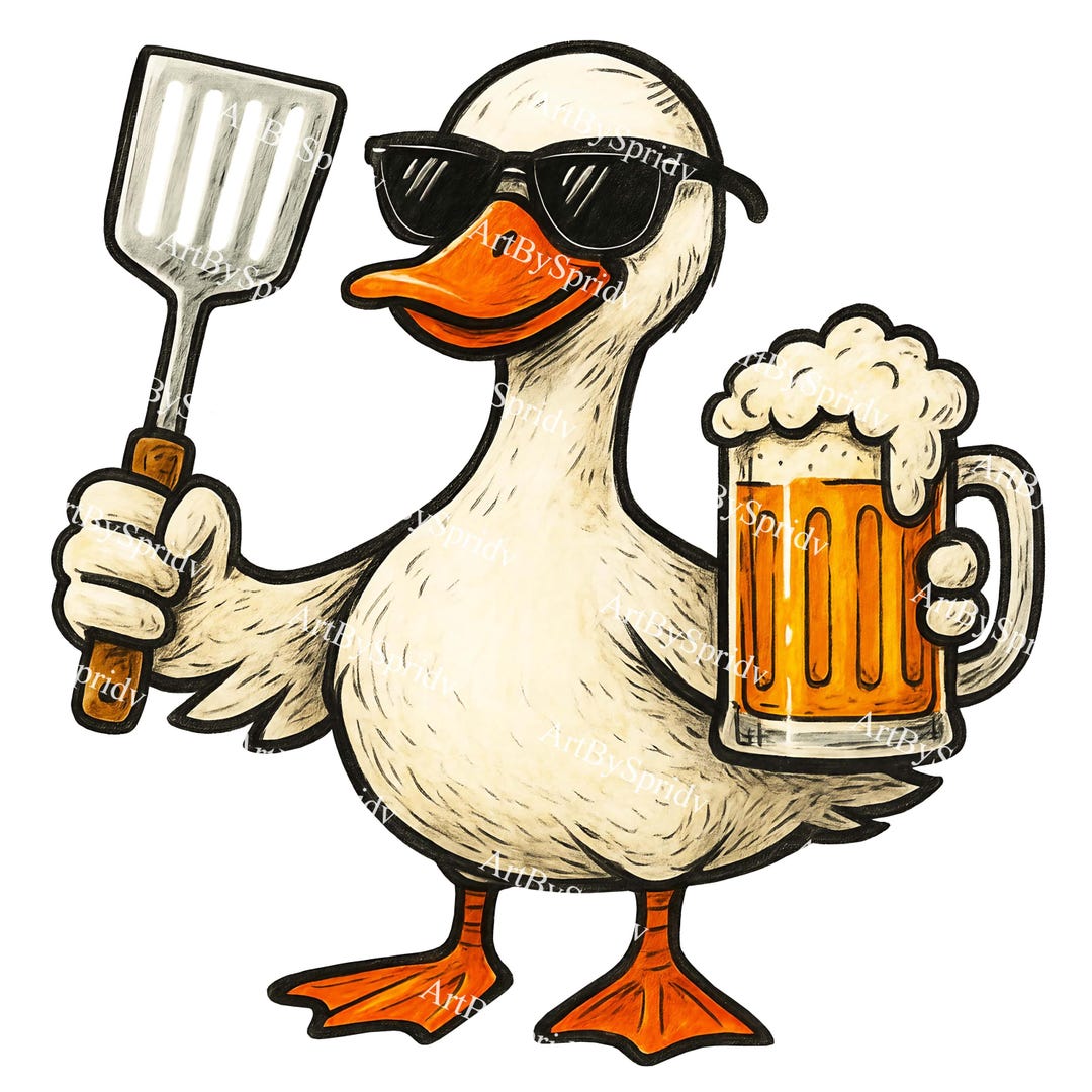 Duck With Beer and BBQ Spatula PNG | Cool Duck in Sunglasses Cartoon ...