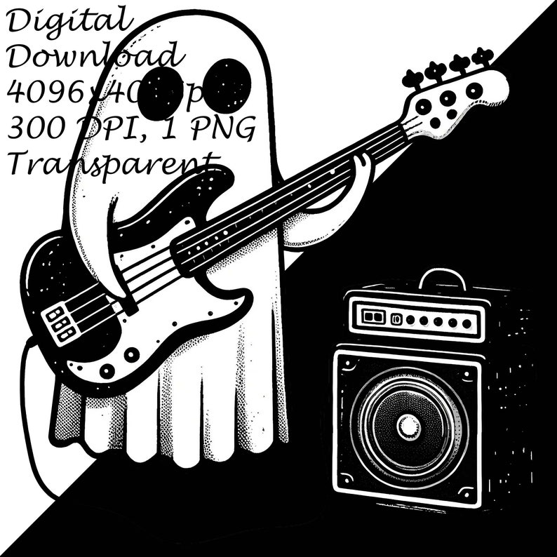 Quirky Ghost Playing Bass Guitar Clipart | Spooky Music Lover Digital ...