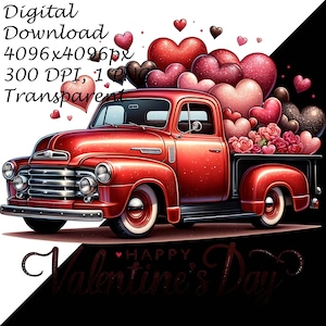 Valentine's Day Vintage Truck Clipart - Red Pickup With Hearts for DTG ...