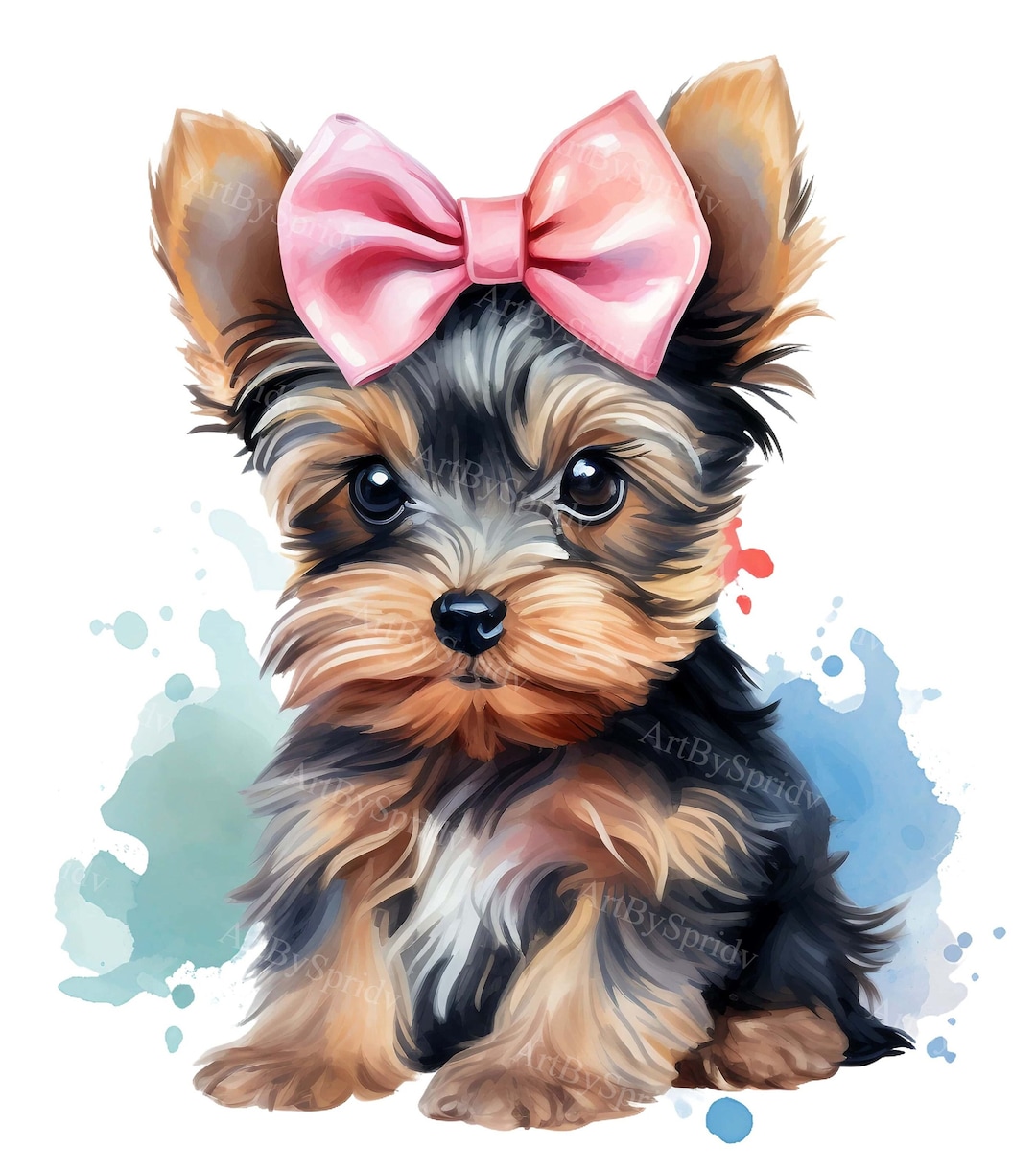 Cute Watercolor Yorkshire Terrier Puppy Dog Bow - Transparent 4 PNG ...