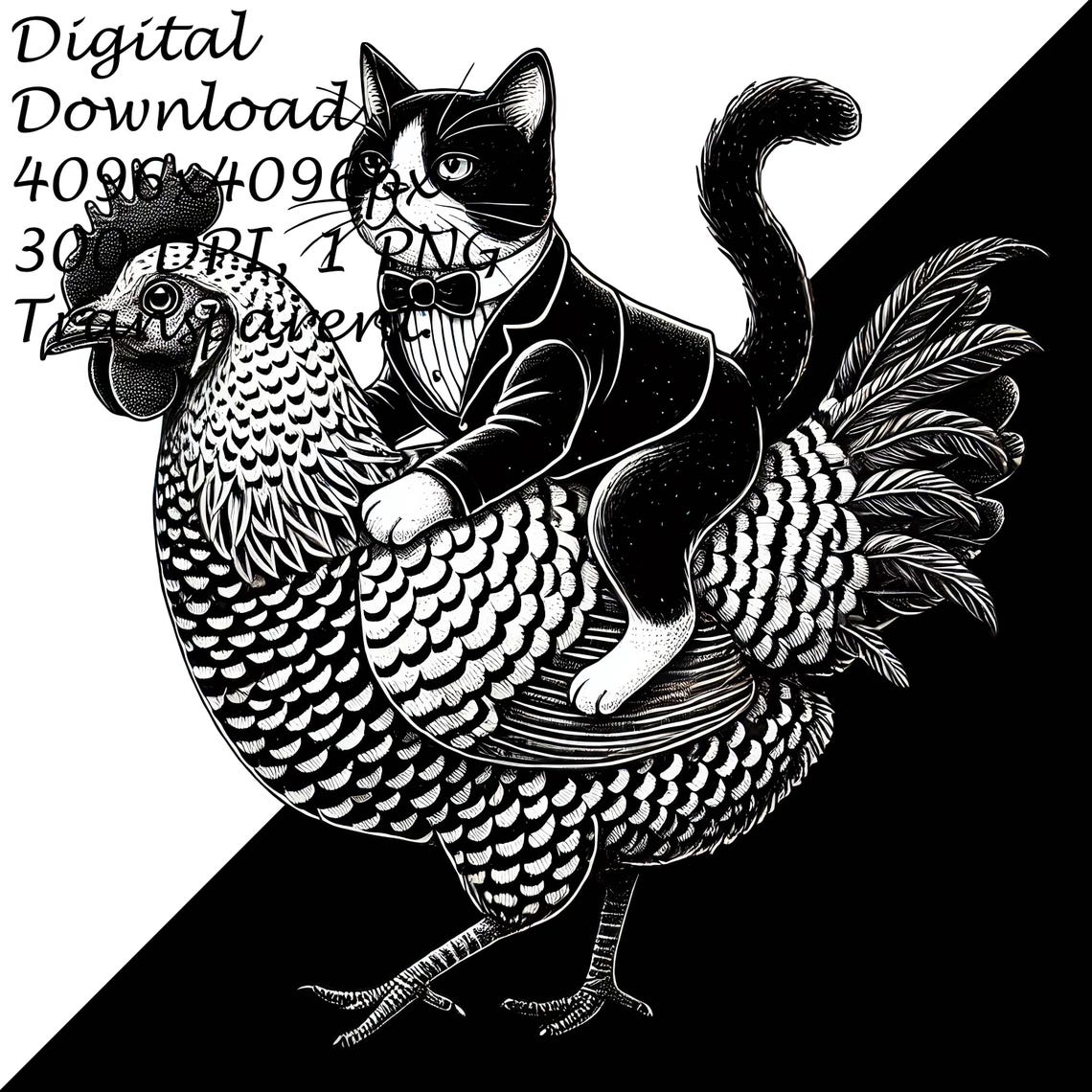 Tuxedo Cat Riding Chicken PNG Clipart, Vintage-inspired Digital Clip ...