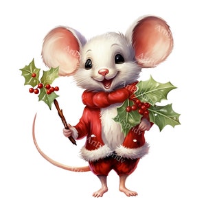 Christmas Mouse Clipart in Santa Outfit With Holly – Transparent PNG ...