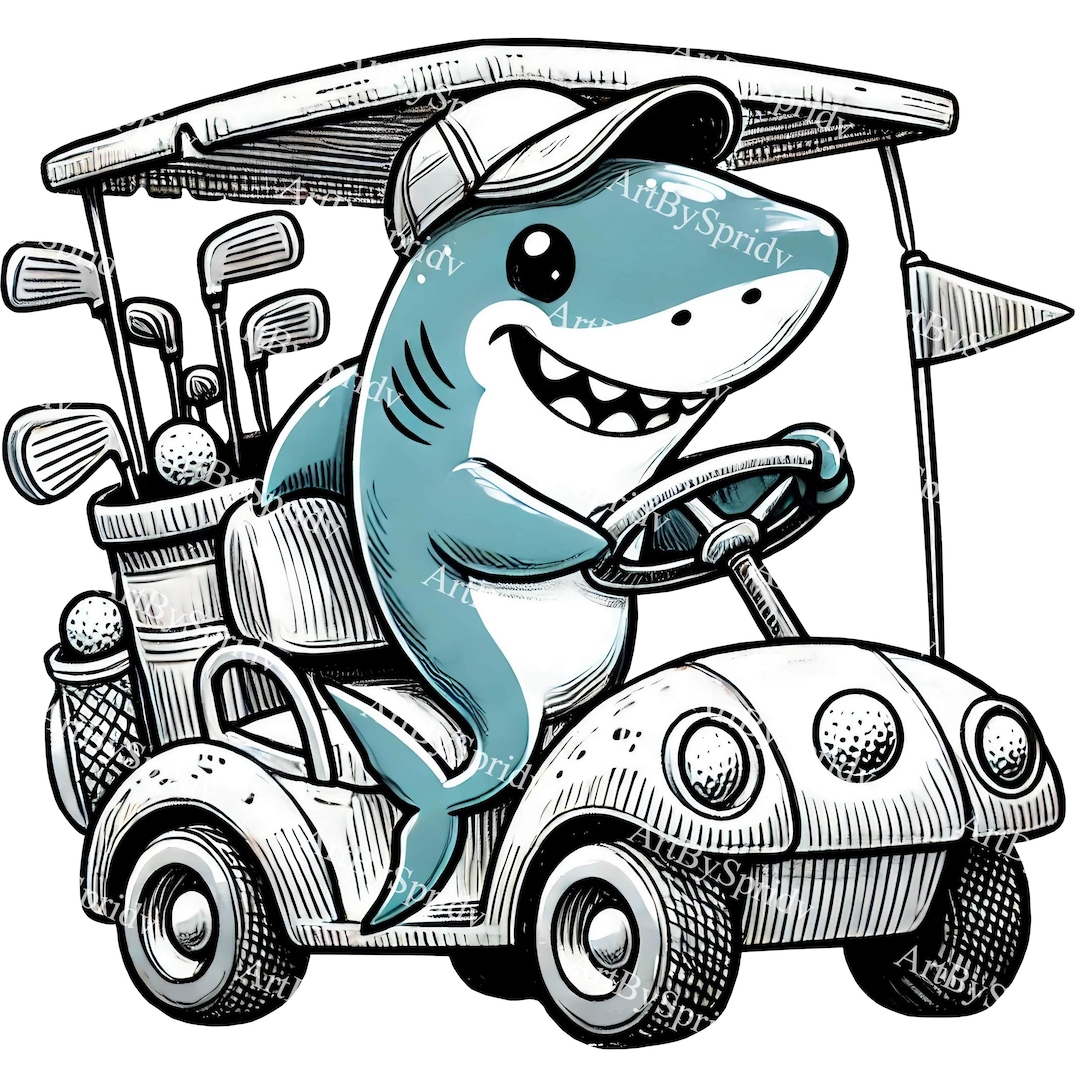 Funny Shark Driving Golf Cart PNG Clipart, Cute Cartoon Shark Golfer ...