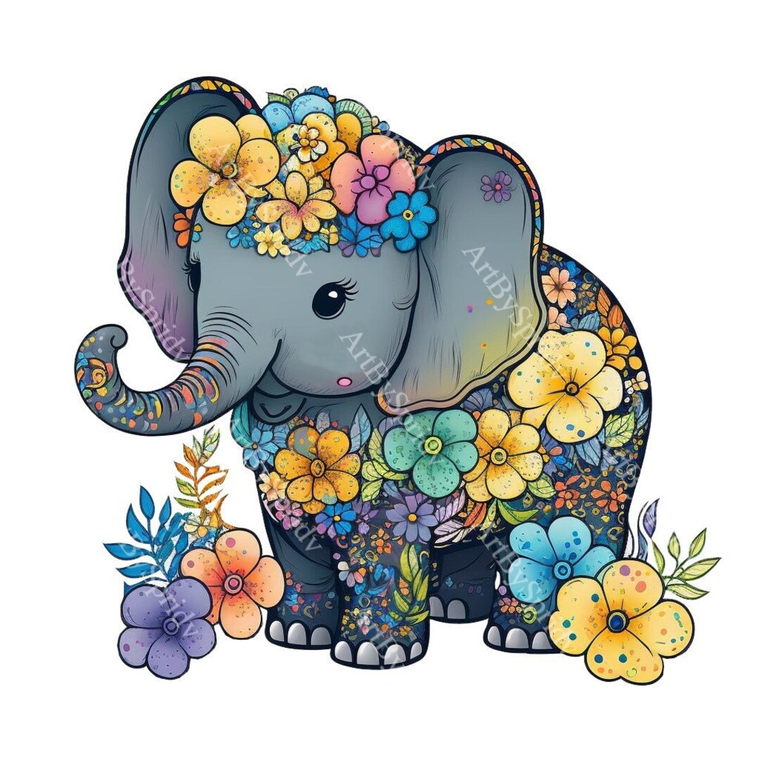 Floral Elephant Clipart PNG, Adorable Baby Elephant With Flowers for T ...