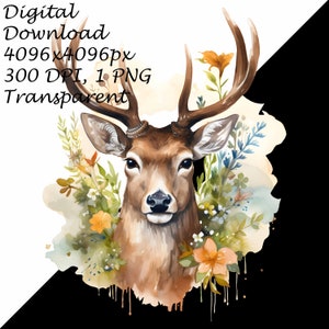 Elegant Floral Deer With Antlers PNG Clipart, Watercolor Style ...