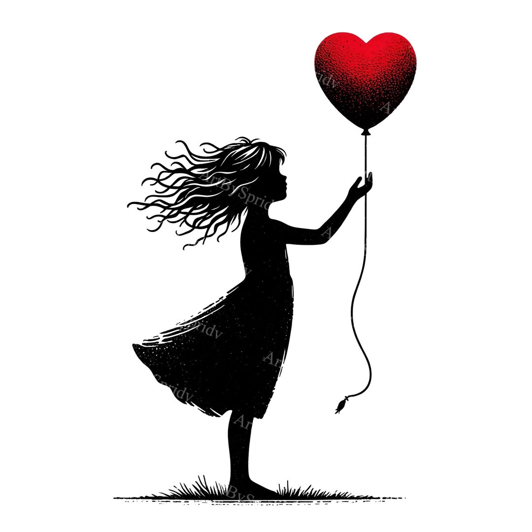 Young Girl & Heart Balloon Clipart - Digital PNG for DTG, T-shirts ...