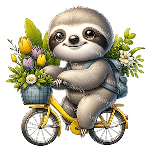 Sloth on Bike Digital Clipart - Cute Sloth Cycling Art PNG - Spring ...