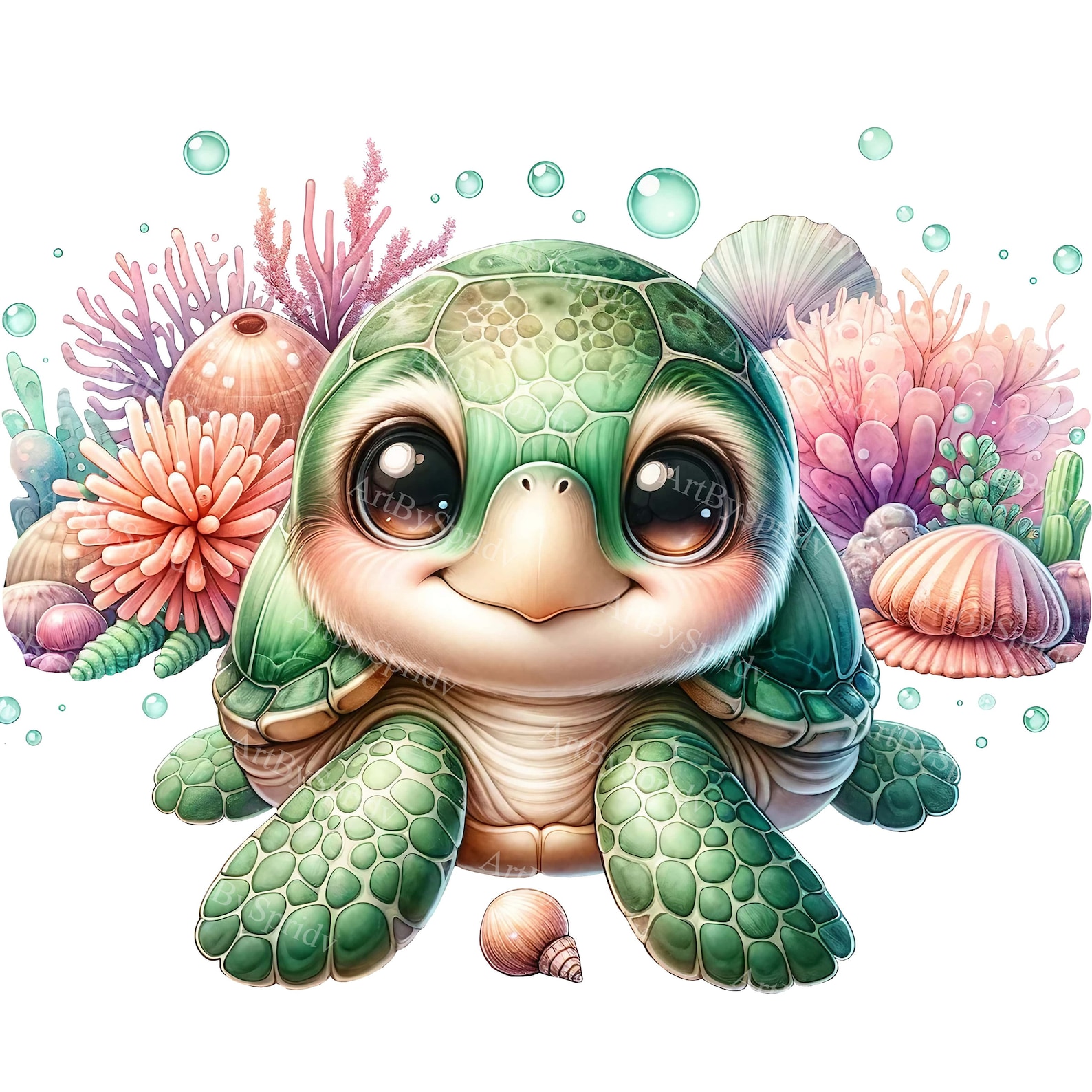 Adorable Cartoon Baby Turtle Clipart Sea Anemones Corals - Etsy