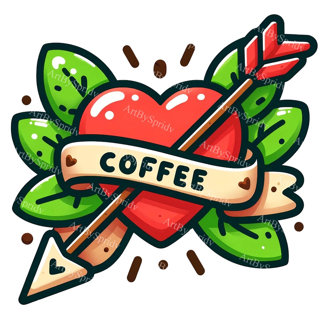 Valentine Coffee Heart Clipart: Green Leaves & Arrow Design for T-shirt ...