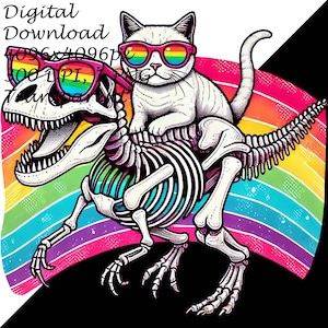 Trendy Cat Riding T-rex Skeleton Clipart | Rainbow Sunglasses Dinosaur ...
