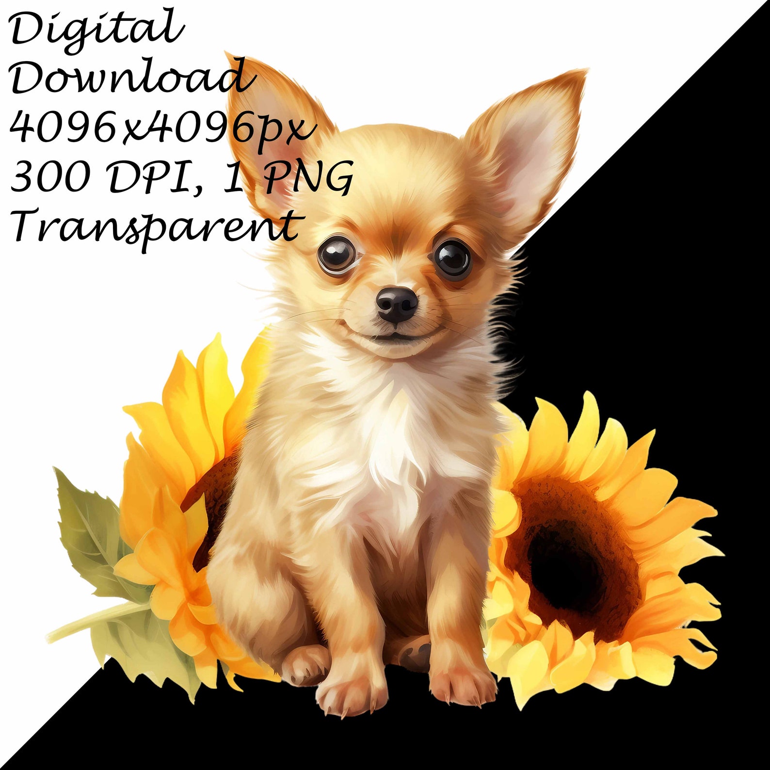 Watercolor Chihuahua Puppy Dog Near Sunflowers - Transparent 4 PNG ...