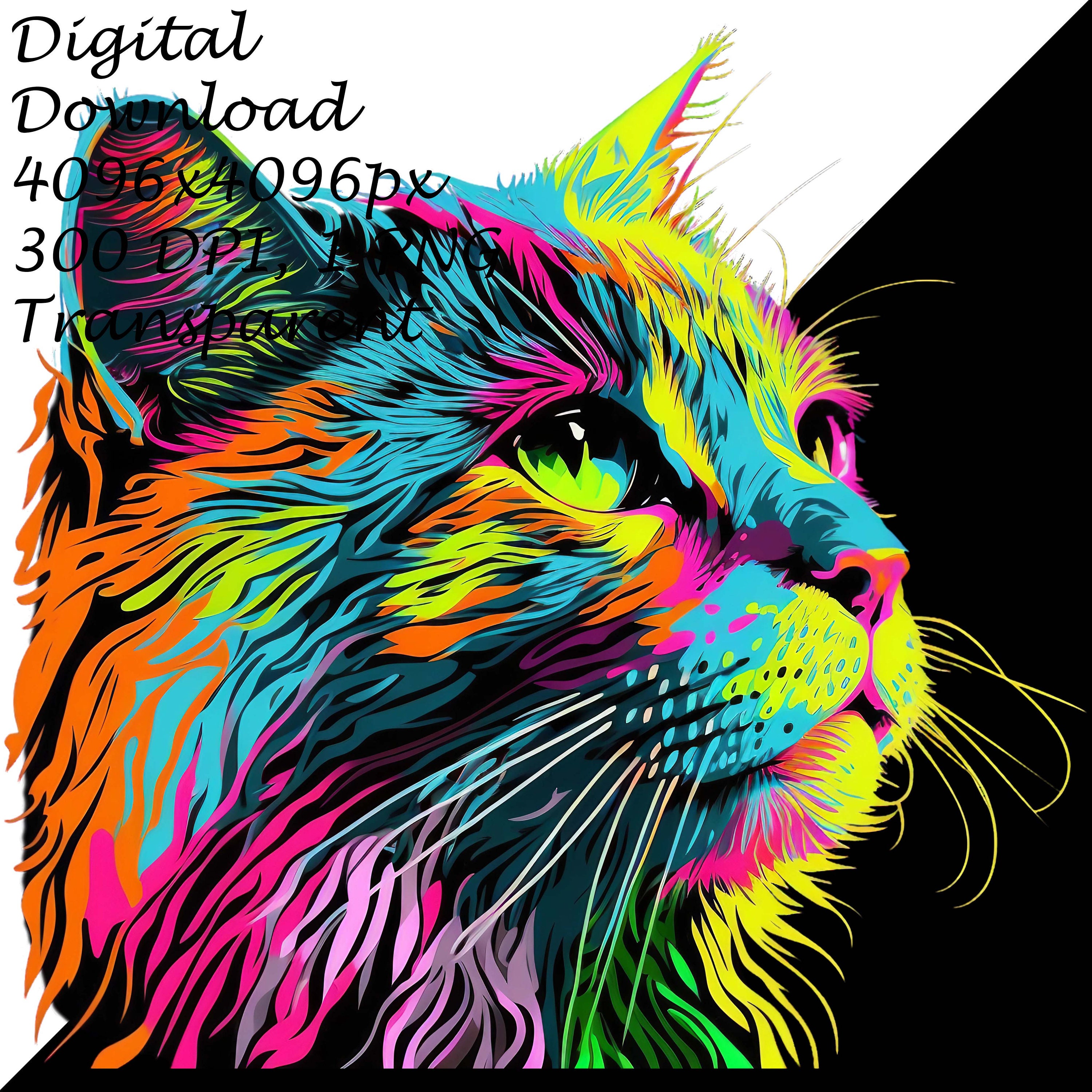Day-glo Neon Cat Clipart, Colorful Psychedelic Cat PNG Illustration for ...